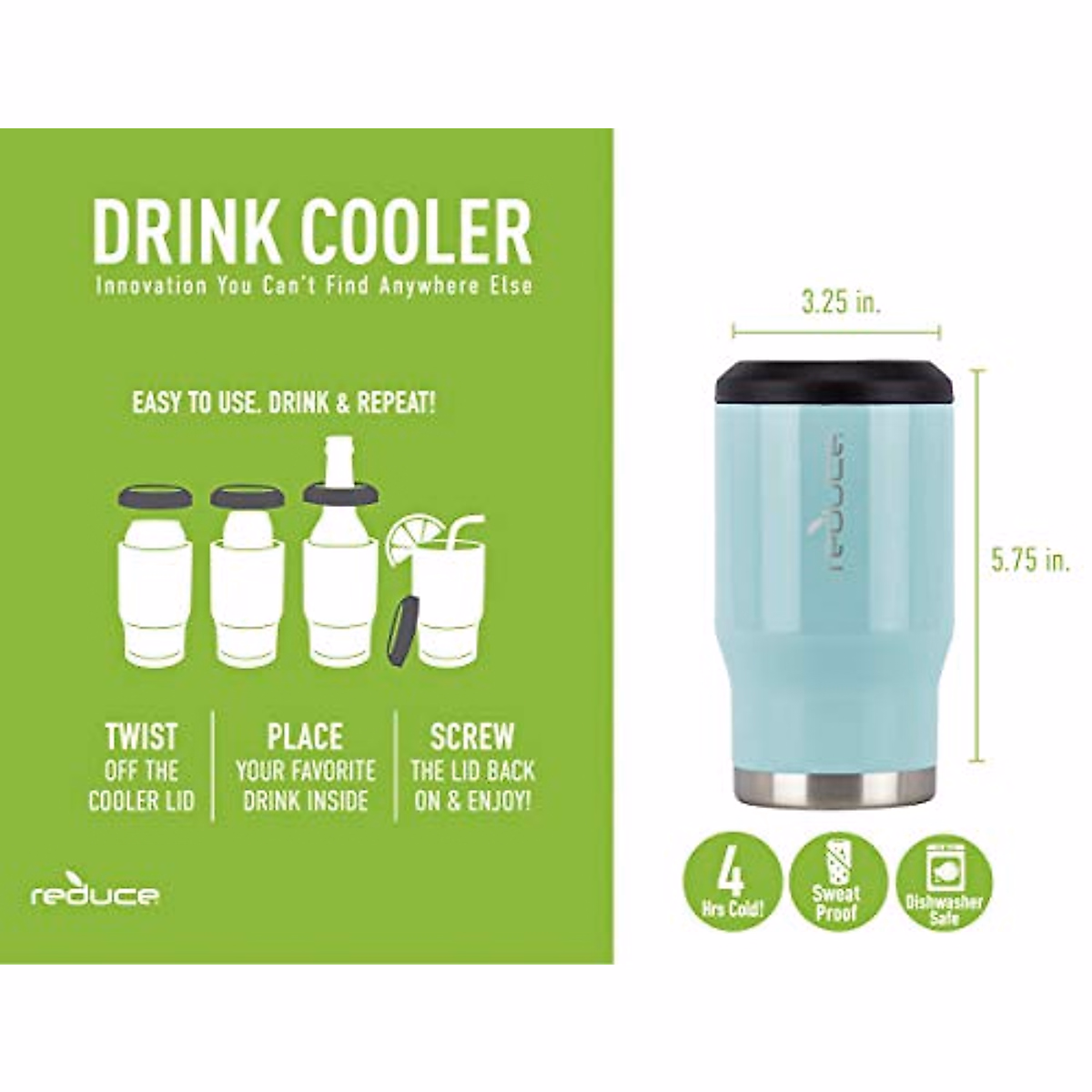 Reduce Can Cooler - 4-in-1 Stainless Steel Can Holder and Beer Bottle Holder, 4 Hours Cold - 14 oz Multi-Use Drink Cup that Holds Slim Cans, Regular Cans, Bottles and Cocktails - OG Mild Mint