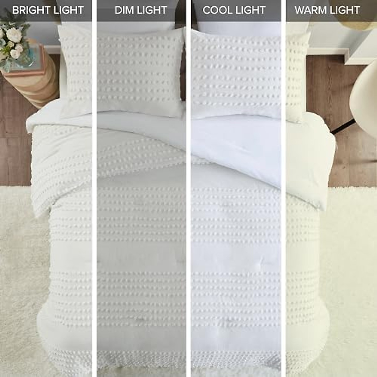 Comfort Spaces Cotton Comforter Set Jacquard Pom-Pom Tufts Design, Down Alternative, All Season Modern Bedding, Matching Shams, Full/Queen, Phillips, Ivory