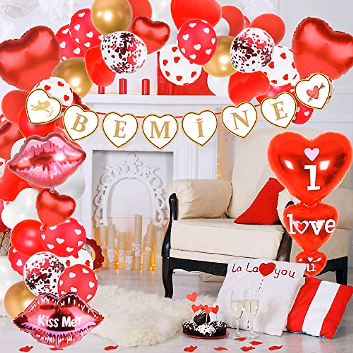 Valentines Day Balloon Arch Garland Kit, Red White Love Balloons Red Confetti Balloons Red Rose Petals Heart Garland I Love U Balloon Be Mine Banner for Valentine Day Engagement Wedding Decorations