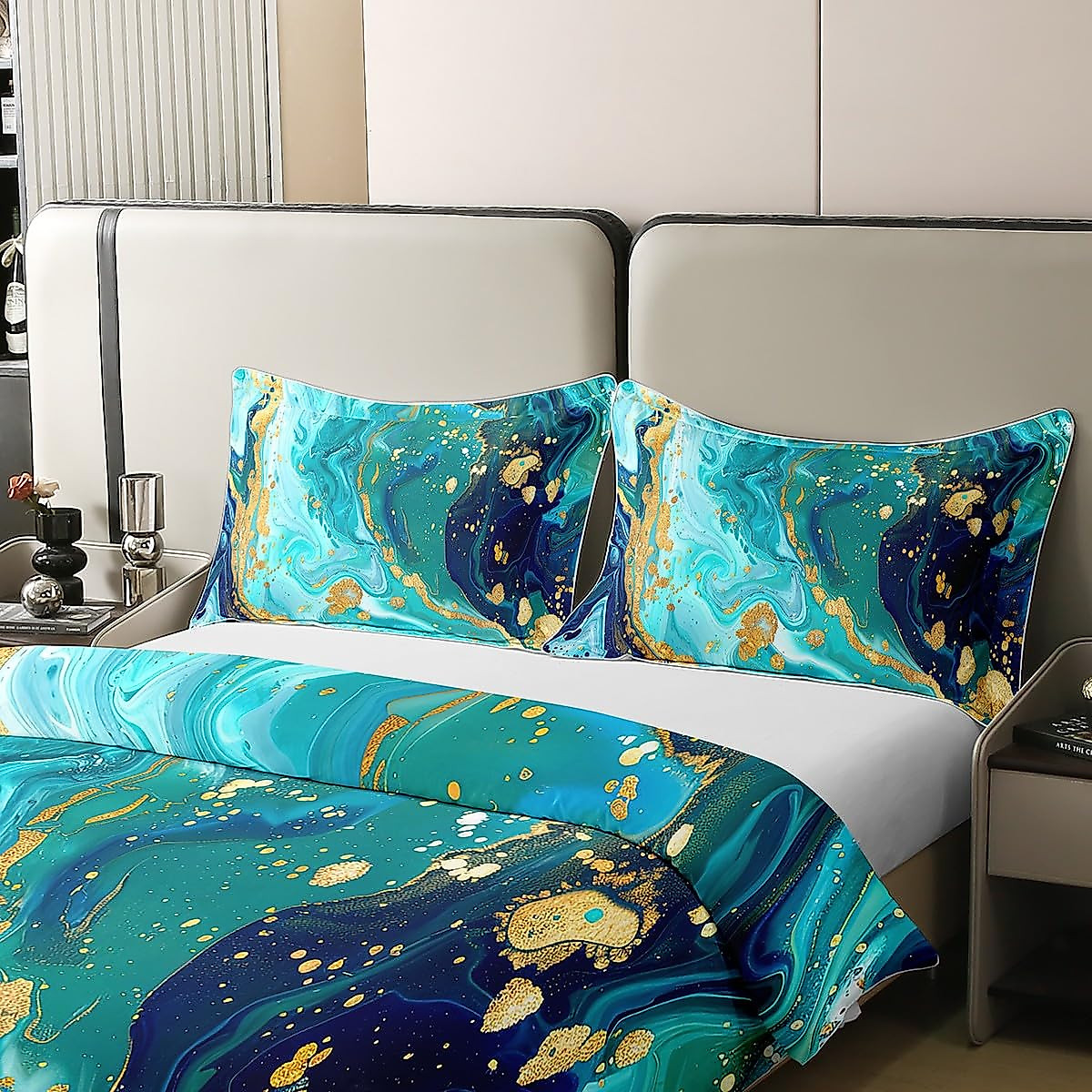 100% Organic Cotton Blue Marble Bedding Set Gold Glitter Fluid Art Duvet Cover Set Abstract Exotic Trippy Comforter Cover for Boys Girls Iridescent Marble Home Decor,Queen Size