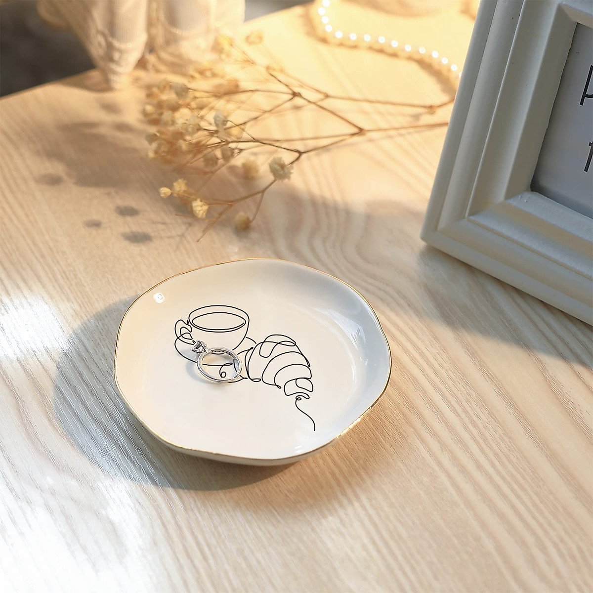 HOME SMILE Ring Dish Jewelry Tray for Kitchen Sink-Minimalist Line Drawing cCoffee and Bread