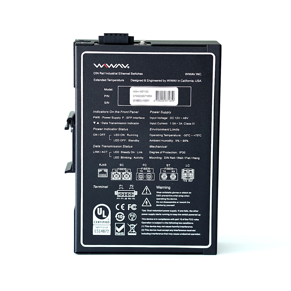 WIWAV WDH-16ET-DC 10/100Mbps Unmanaged 16-Port Industrial Ethernet Switches with DIN Rail/Wall-Mount (UL Listed, Fanless, -30°C~75°C)