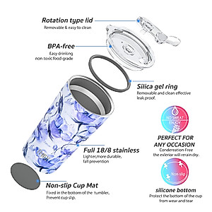 THILY Stainless Steel Tumbler Coffee Cup 20 oz Triple-Insulated Travel Mug with Splash-Proof Lid, for Ice Drinks and Hot Beverage Coffee Cup, Outdoor Gift for Women, Iridaceae