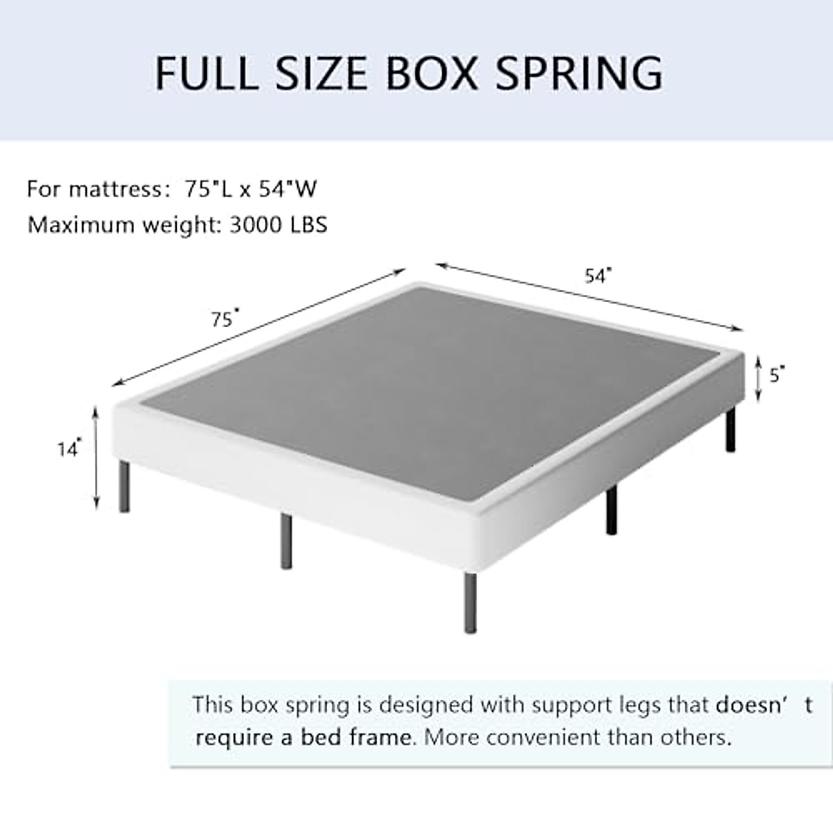 VTWAZAST 5 Inch Full Size Box Spring with 9 Inch Metal Leg Support, Easy Clean Fabric Bed Cover Included, Metal Heavy Duty Mattress Foundation, Noise Free, Easy Assembly