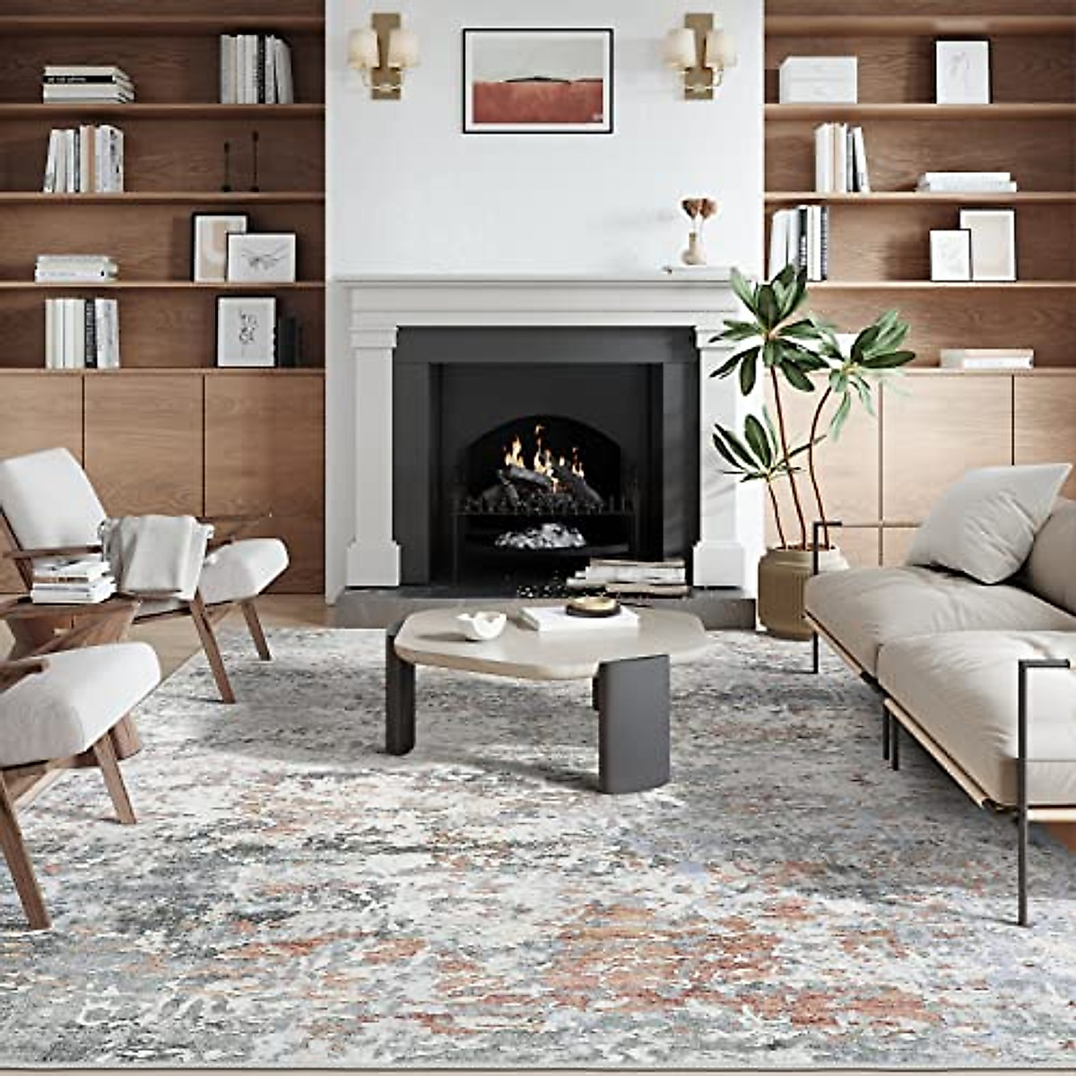 Miukiki Rugs Washable Area Rug - 9x12 Large Living Room Rug, Non-Slip Ultra-Thin Low Pile Bedroom Mat, Abstract Lightweight Floor Carpet for Dining Room Kitchen (Orange/Grey, 9' x 12')