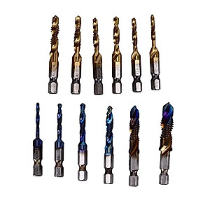 12Pcs Combined Tap Drill Bit Set HSS Metric Blue Plating Imperial Ti Plated 1/4in Hex Shank Combined Threading Drill Bit Set Drillbits