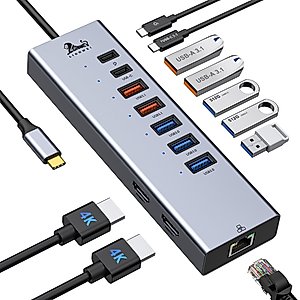 8K Dual HDMI USB C Hub 10Gbps Laptop Docking Station USB C to Dual 4K Monitor for Dell/HP/Lenovo, 10-in-1 USB C Adapter Dongle with Gigabit Ethernet, 2 USB 3.1, 3 USB 3.0, USB C Data and PD Charging