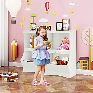 HOMGX Toy Storage Organizer, Open Kids Storage Cubby with 2 Shelves & 4 Bins, Multifunctional Toy Storage Cabinet for Nursery, Playroom(White)