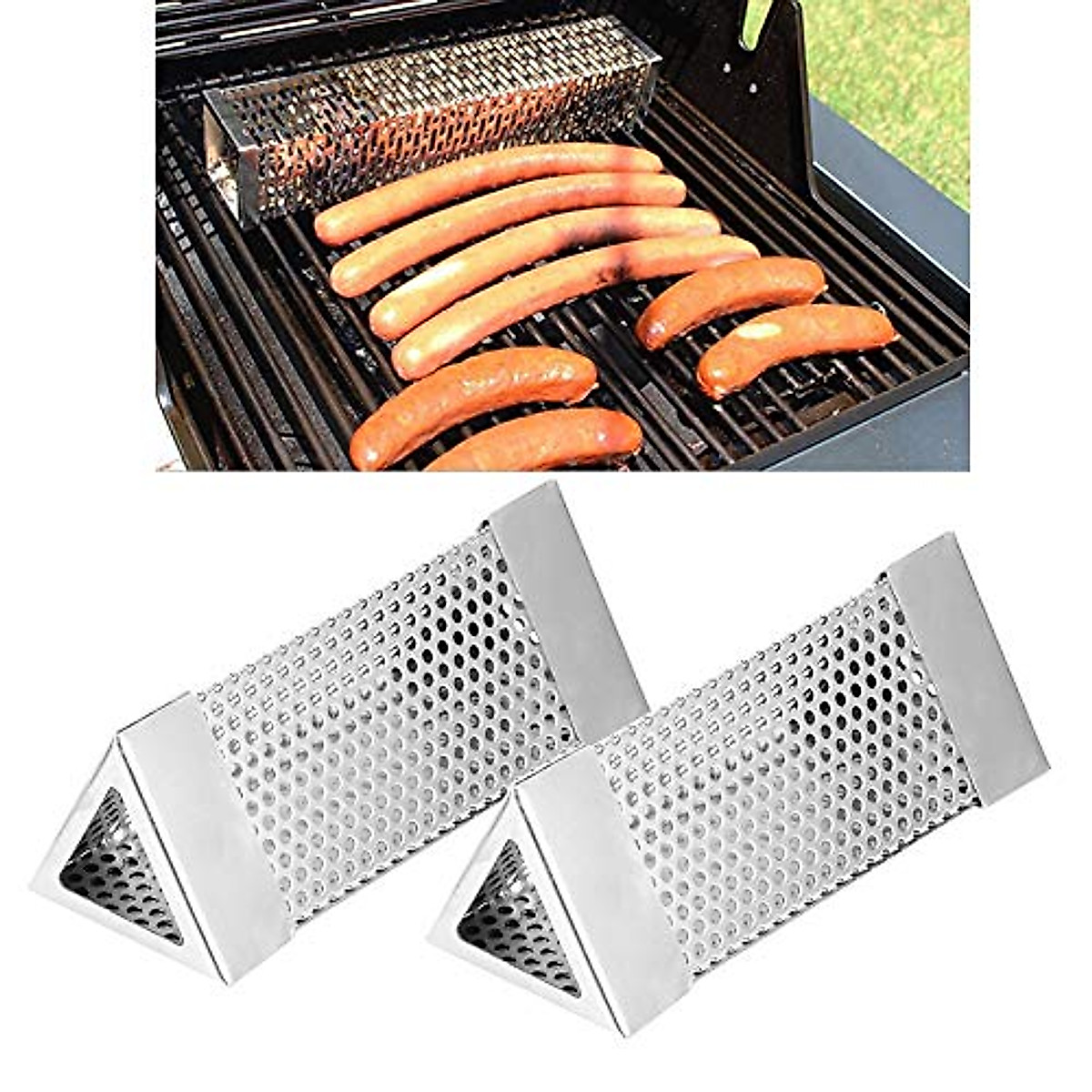2Pcs 6in Stainless Steel BBQ Grill Smoker Tube Portable Barbecue Smoke Generator Mesh Tube Pellets Smoke Box Barbecue Accessory(1#)