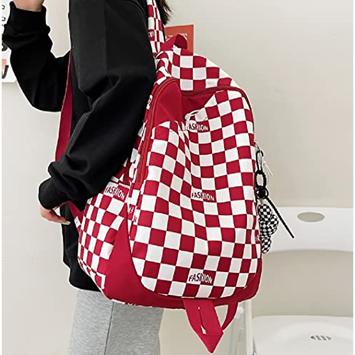 Cute Backpack Comes with Checkered Pendants for free Klein Blue Plaid Kawaii Teen (Red)