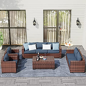 VONZOY Wide Armrest Outdoor Patio Furniture Set, 5 Piece Patio Sectional Sofa with Storage Table for Backyard, Porch, Balcony, Poolside(Navy Blue)