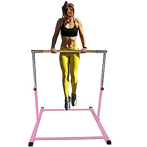 Kids Kip Bar Jungle Gym Professional Horizontal Gymnastics Asymmetric Bar Height Adjustable Expandable 3 to 5 FT Pink