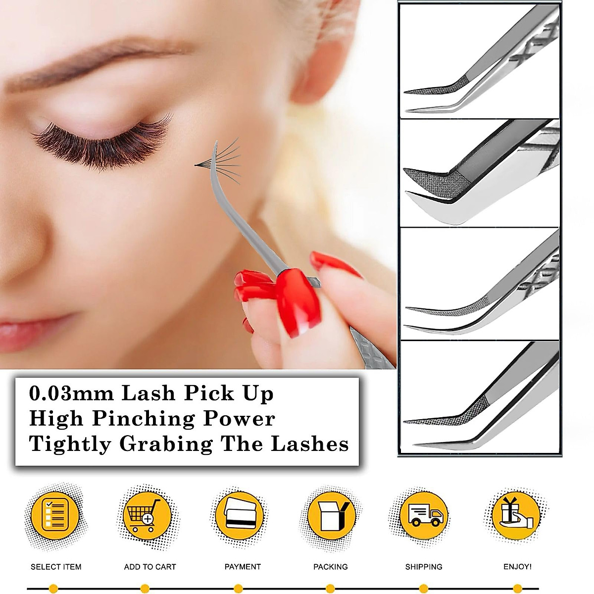 M LASH Tweezers for Eyelash Extensions (Set of 4) - Professional Lash Extension Tweezers - Fiber Tip, Japanese Steel, Diamond Grip Eyelash Extension Tweezer (Silver)