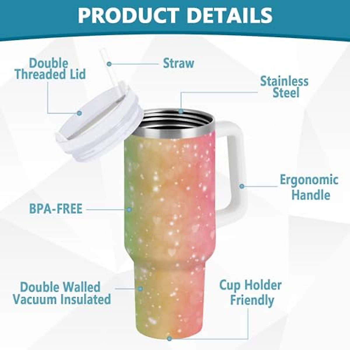 ODAWA Magic Glitter Rainbow Double Wall Tumbler Reusable Insulated Coffee Mug with Lid Insulated Coffee Mug
