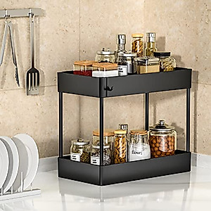 Under Sink Organizer, Under Bathroom Sink Storage 2 Tier Organizer Bath Collection Baskets with Hooks, Black Under Sink Shelf Organizer Rack, Multi-purpose Under Sink Storage for Bathroom Kitchen