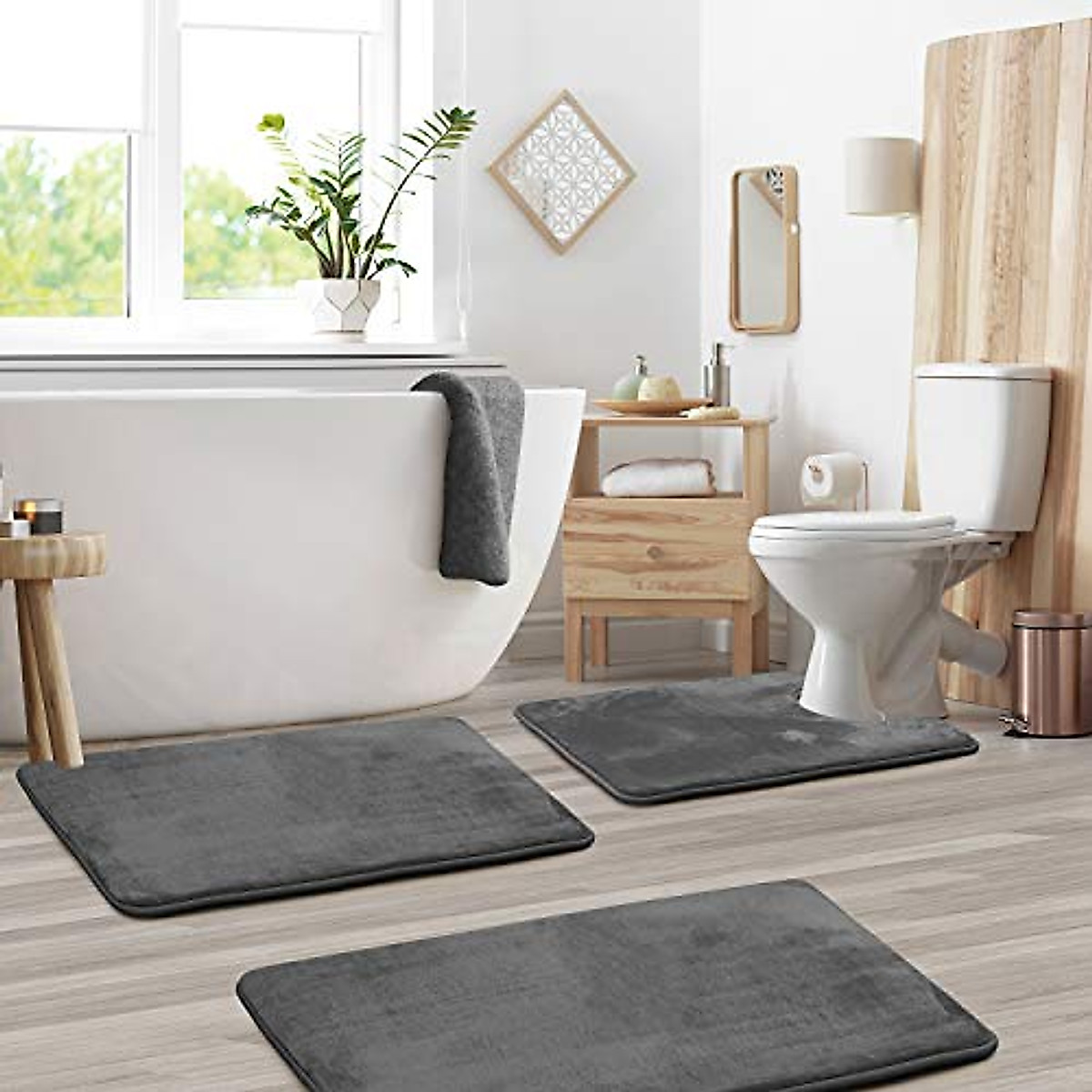 Clara Clark Bathroom Rugs Sets 3 Piece, Velvet Memory Foam Bath Mat - Non-Slip, Machine Washable Bath Rugs - Dries Quickly, Ultra Soft Bath Mats for Bathroom, Grey Bathroom Rug Set