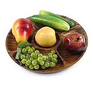 Diameter 12" Premium Acacia Wooden 5-Compartment Divided edge of 4 hole Round Wood Plate Divided Dessert Serving Trays Platters 5 Section