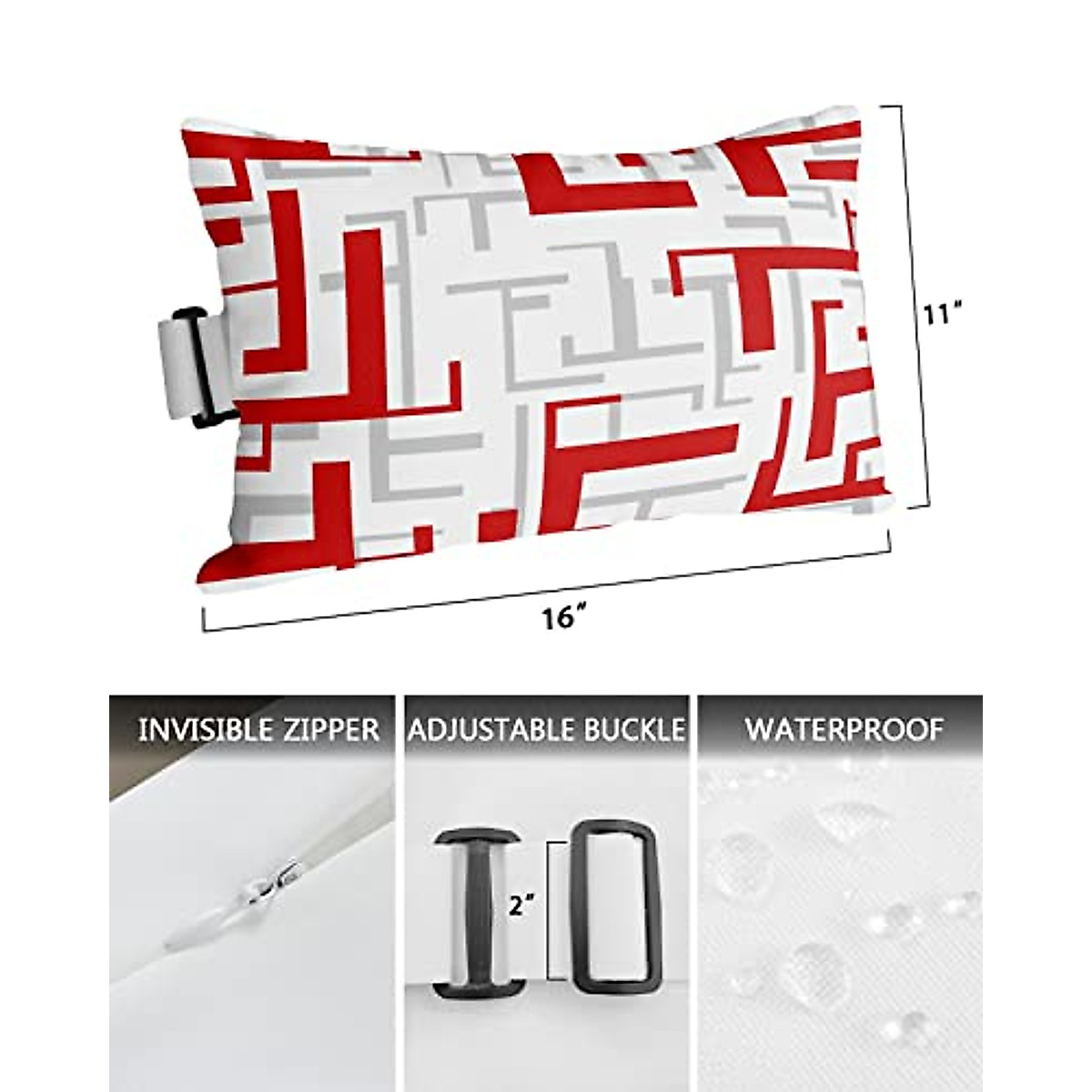 Recliner Head Pillow Ledge Loungers Chair Pillows with Insert Red Grey Abstract Geometry Modern Art Mid Century Lumbar Pillow with Adjustable Strap Patio Garden Cushion for Sofa Bench Couch, 2 PCS