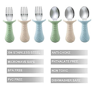 PandaEar Baby Toddler Fork and Spoon Utensil Set, 6 Pack Silicone Stainless Steel Silverware Spoon Fork for Babies Toddler, BPA Free with Silicone Holding Anti-Choke Design (Blue&Green&Light Tan)