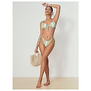 WDIRARA Women's Floral Print Tie Side Swimwear Straps Bikini Sets Swimsuits Green XS