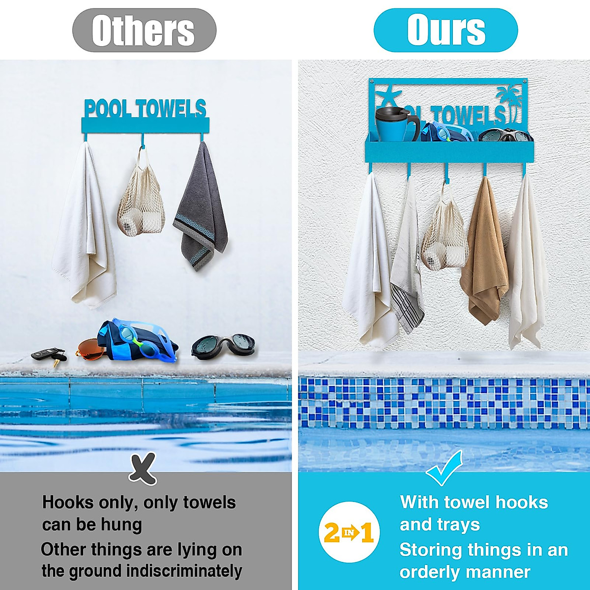 Pool Towel Rack - 2-in-1 Outdoor Poolside Beach Washcloth Drying Rack Holder, Wall Mounted Metal Hooks Decor for Bath Towel Storage, Robe Swimsuit, Coat, Bags, Phone, Keys - Blue