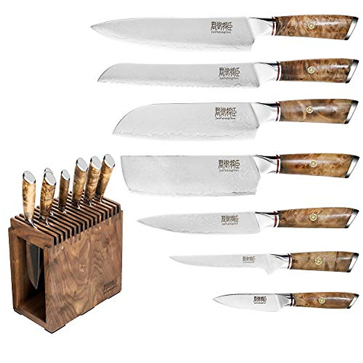 Knife Set Block - 8 Piece Chefs Knife Set - Damascus Steel VG10 Japanese Stainless Steel Home Kitchen Knife Set With Shadow wood Handle&Unviersal Walnut Block