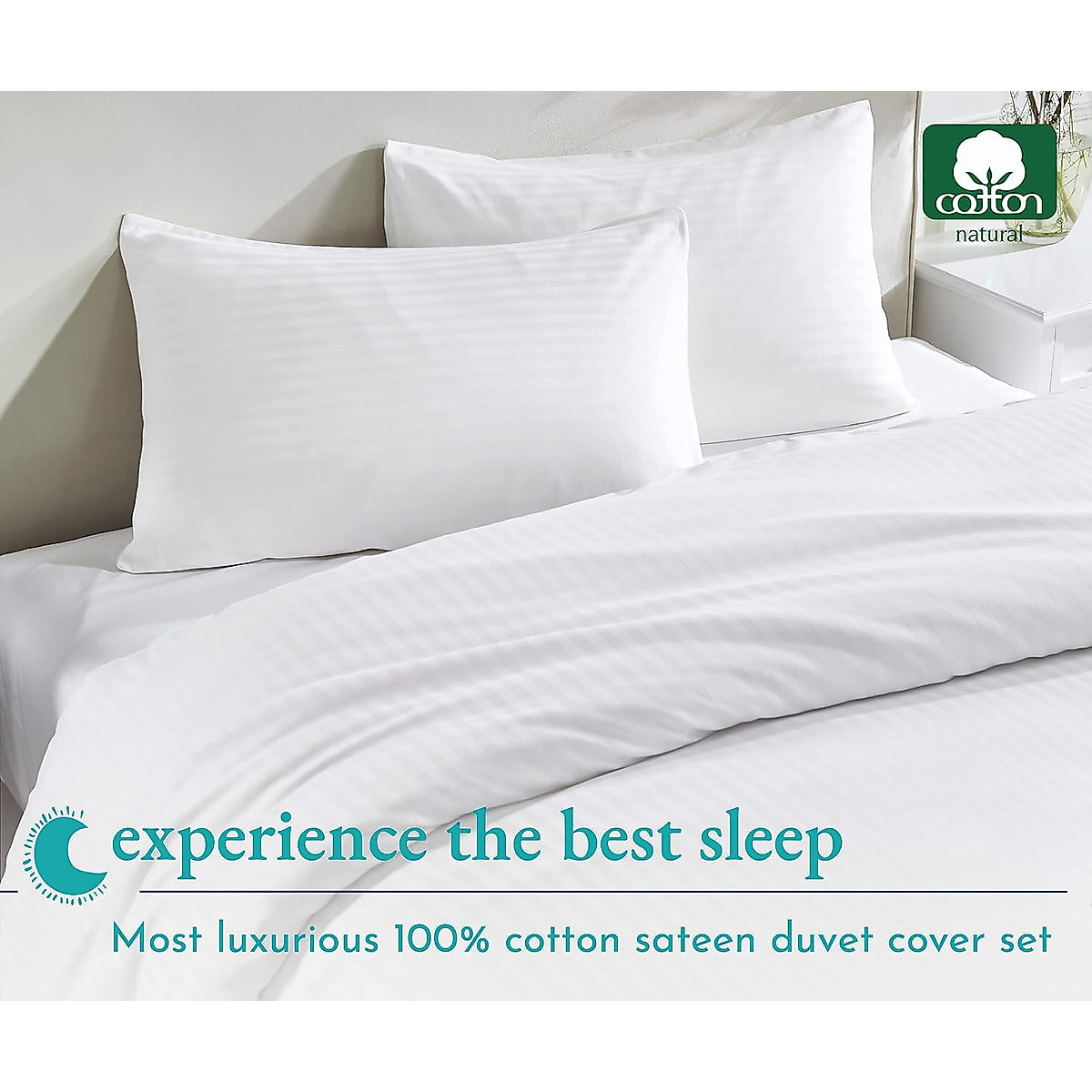 Saferay Green 100% Cotton Duvet Cover Set 120"x128" - Premium 600 Thread Count, Cooling Comforter Cover, Soft Sateen Weave, Zipper Closure and Corner Ties (Oversized King Plus, Stripe White,)