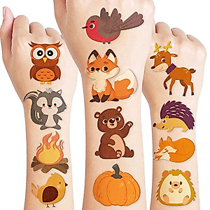 Woodland Temporary Tattoos Sticker for Kids Birthday Party Supplies Decorations Party Favors 96PCS Tattoo Forest Autumn Fall Animal Super Cute Themed Cute Kids Boy Gifts Ideal School Prizes