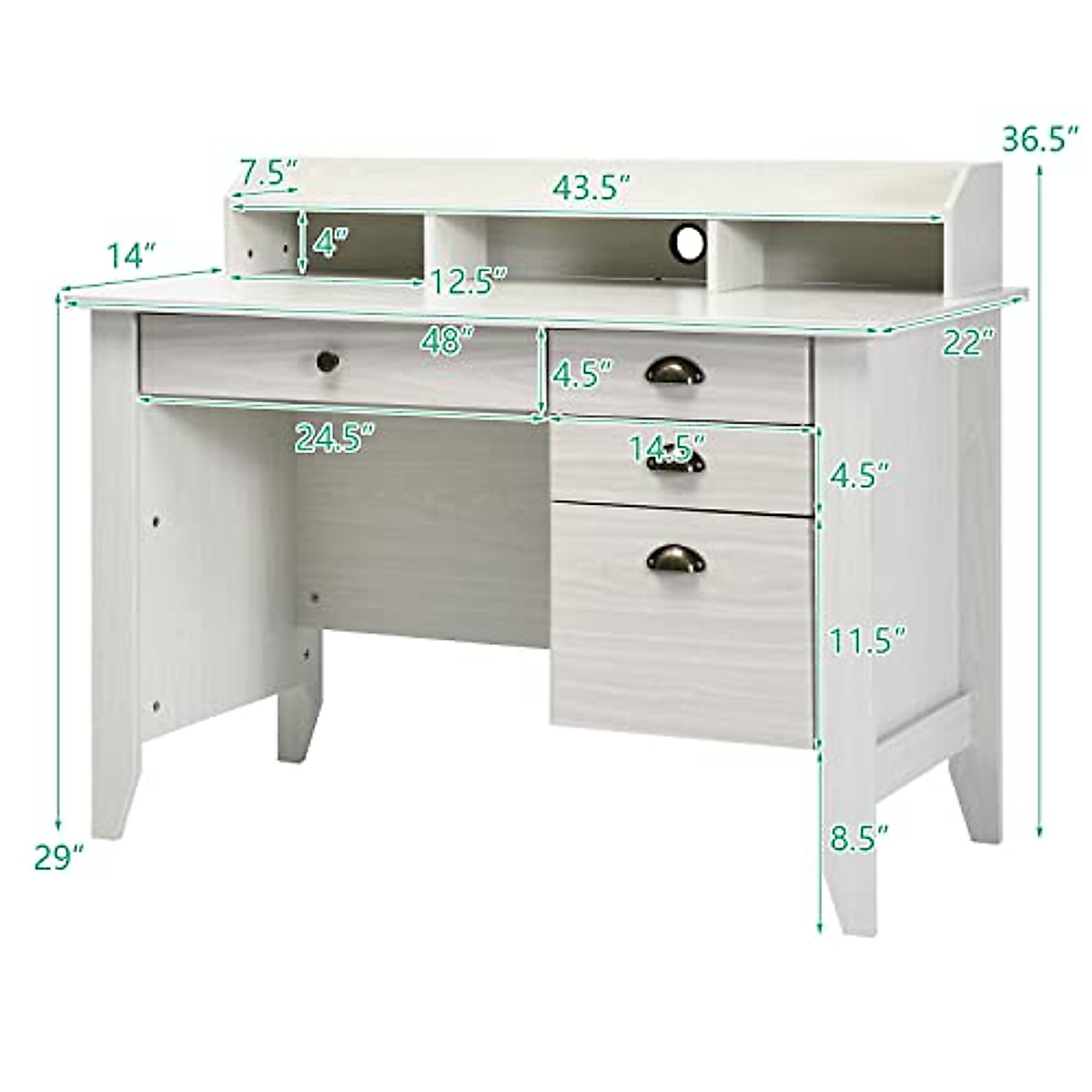 Tangkula White Desk with 4 Storage Drawers & Hutch, Home Office Computer Desk Vintage Desk with Storage Shelves, Wooden Executive Desk Writing Study Desk (White)