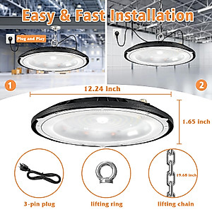 Flyship UFO LED High Bay Light, 150W High Bay LED Shop Lights 21000LM 5000K, UFO LED High Bay Light for Garage Warehouse Workshop Factory Gym Barn, 5Ft Power Cord, IP65 Waterproof, 4 Pack