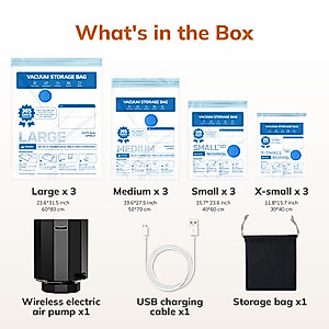 Vacuum Storage Bag Set with Cordless Electric Air Pump, 12 Pack-(3x Large, 3x Medium, 3x Small, 3x X-Small) Double Zip Seal Space Saver Bag, Vacuum Sealer Bags for Travel and Outdoor Storage