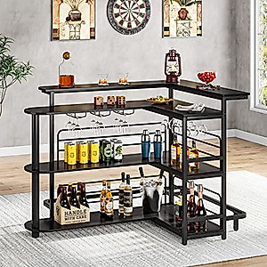 Tribesigns Home Bar Unit, 4 Tier L Shaped Liquor Bar Table with Storage, Elevated Countertop, Wine Glasses Holder, and Footrest, Corner Wine Bar Table for Party Home Kitchen Pub Living Room, Black