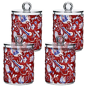 Plastic Jars with Lids,Blue Tulips Paisley Floral Lily and Red Leaves Bulk Pack Storage Containers Wide Mouth Airtight Canister Jar for Kitchen Bathroom Farmhouse Makeup Countertop Household,Set 2
