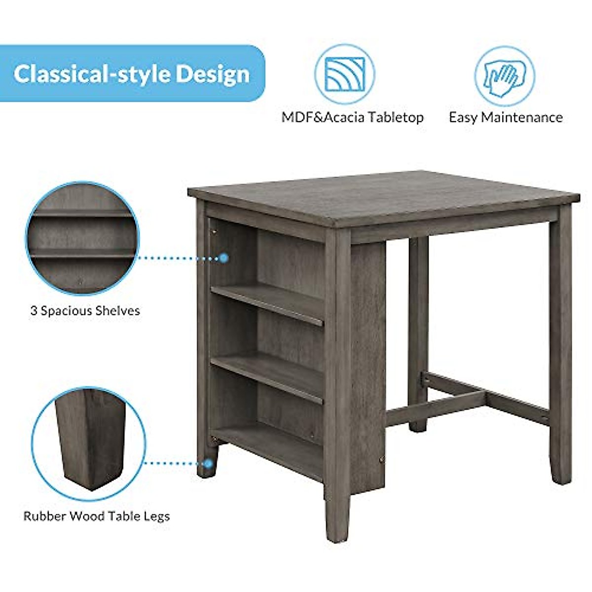 3-Piece Dining Room Table Set, Bar Pub Table Set with Storage Shelf, Industrial Style Counter Height Kitchen Table with 2 Backless Barstools for Dining Area (Gray)