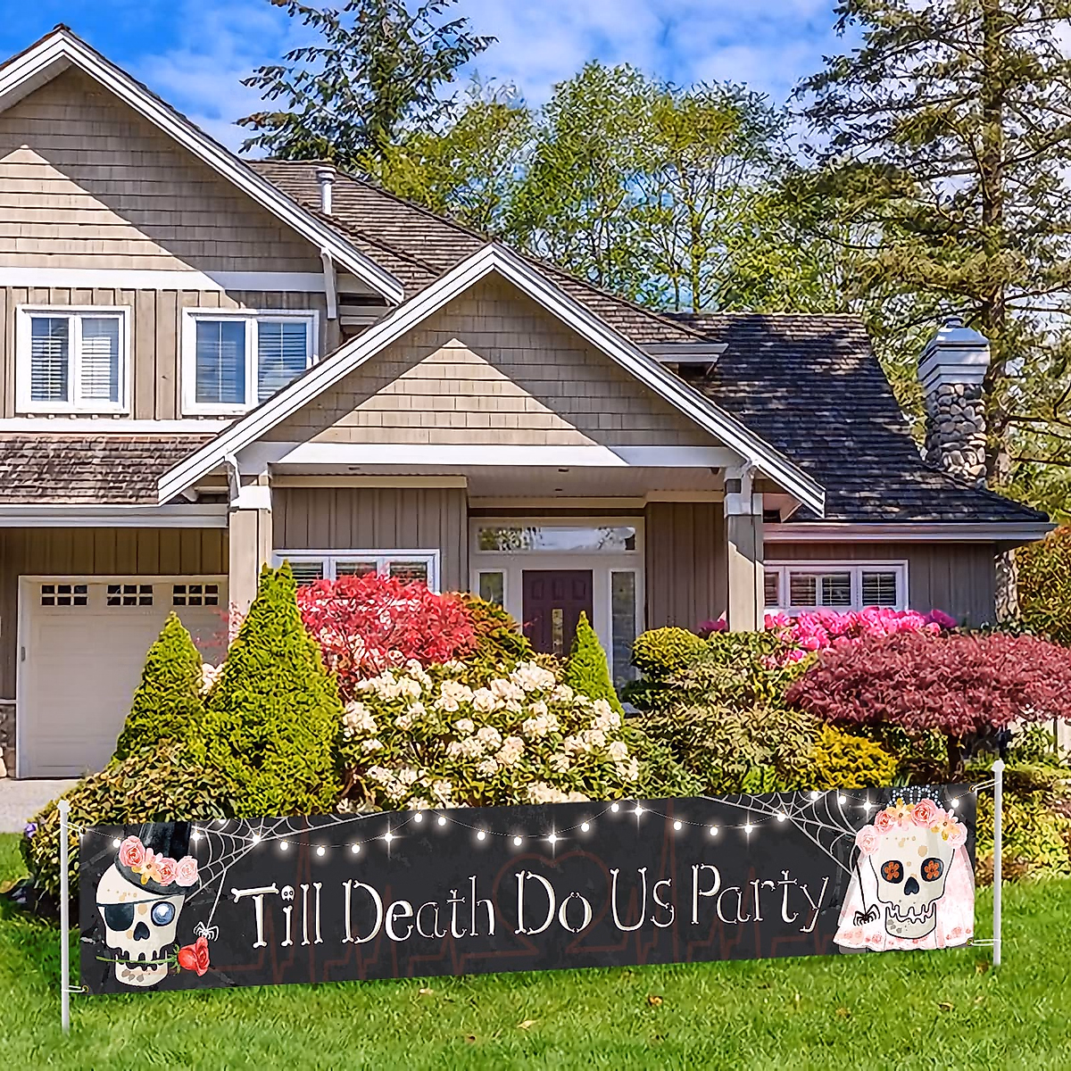 MELTELOT Large Halloween Till Death Do Us Part Banner,Skull Mr and Mrs Anniversary Valentines Birthday Party Decorations,Spooky Engagement Wedding Bridal Shower Lawn Sign Yard Sign Banner Backdrop