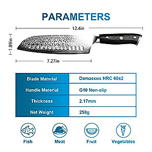 LEVINCHY Damascus Santoku Knife 7 inch Professional Japanese Damascus Stainless Steel with Black Premium G10 Handle, Superb Edge Retention, Stain & Corrosion Resistant Ergonomic