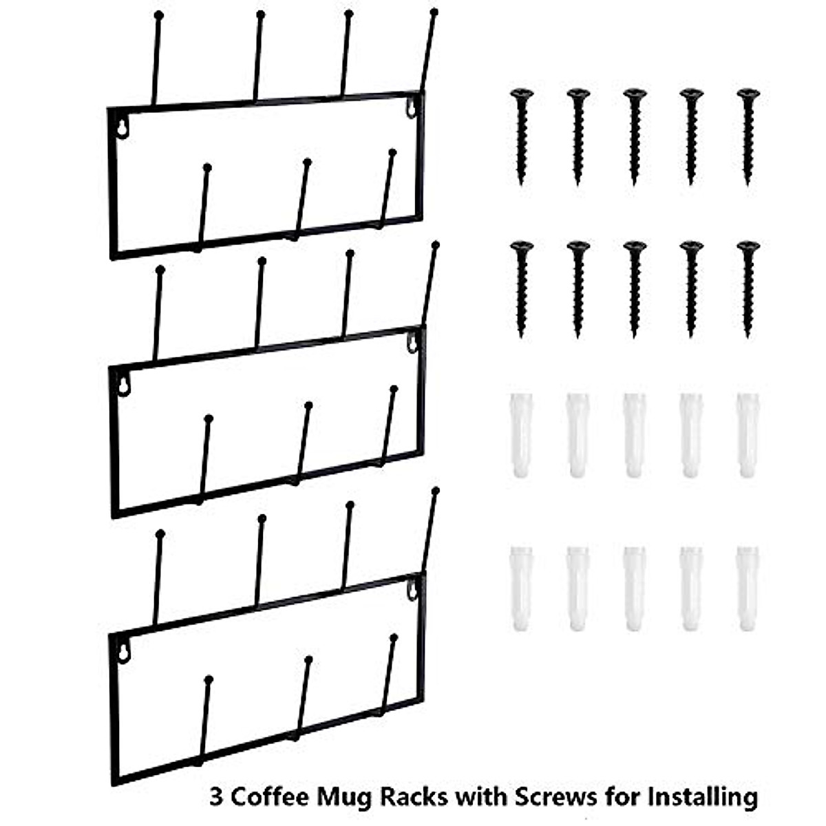 Jucoan 3 Pack Metal Coffee Mug Rack, Wall Mounted Coffee Mug Holder Cup Organizer Hanging Rack with Total 21 Cup Hangers for Home Kitchen Coffee Bar
