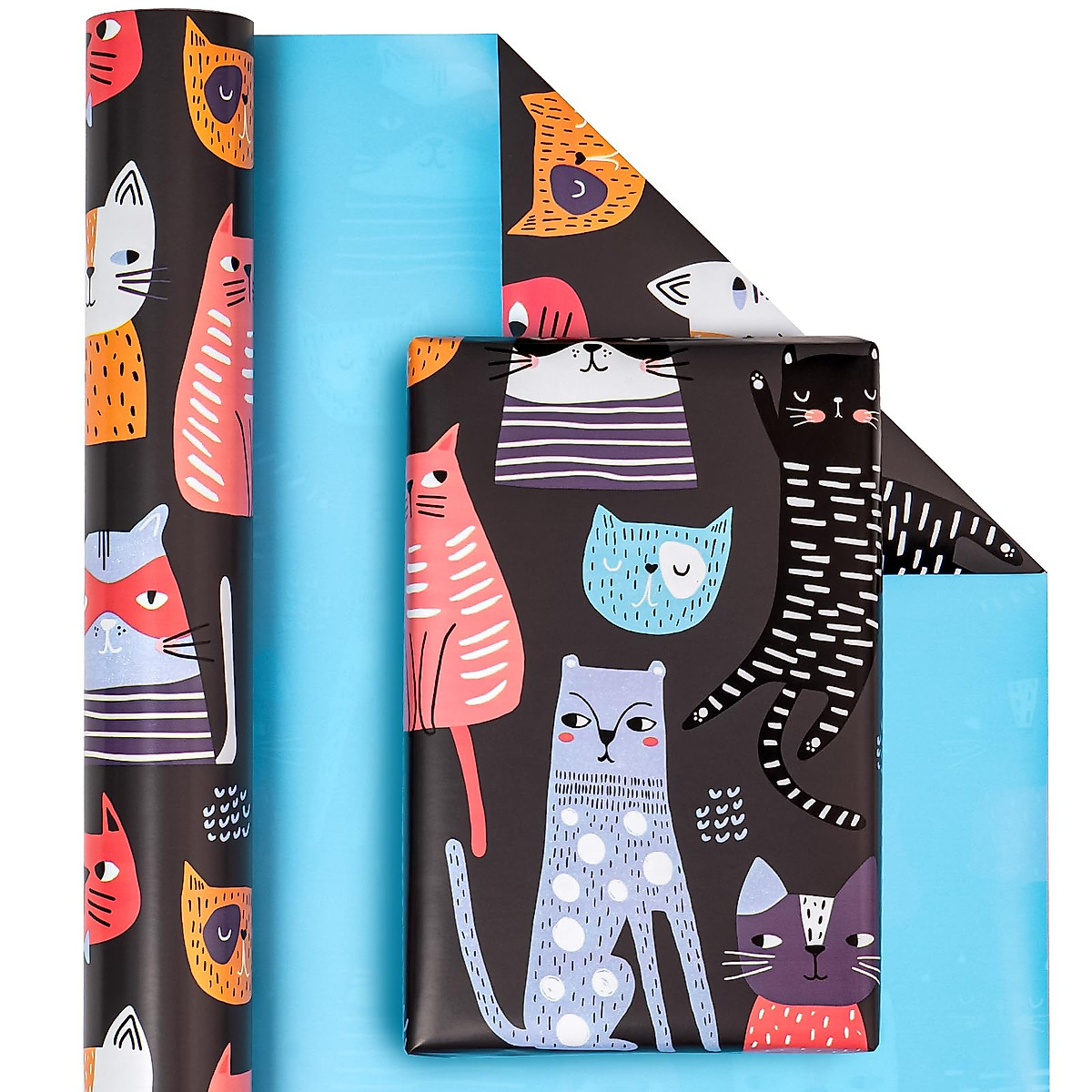 WRAPAHOLIC Reversible Wrapping Paper - Mini Roll - 17 Inch x 33 Feet - Adorable Cat and Solid Blue Design for Birthday, Holiday, Party, Baby Shower