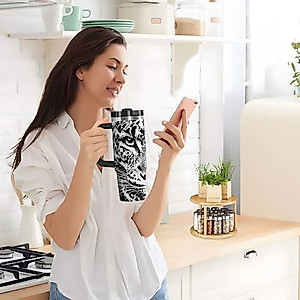 Flradish 30oz Tumbler with Handle, White Black Leopard Portrait Stainless Steel Tumbler with Lid and Straws Double Wall Vacuum Insulated Leakproof Coffee Travel Mug