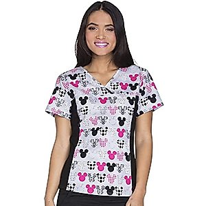 Disney Cherokee Women's V-Neck Knit Panel Top Mickey, Grey, Medium