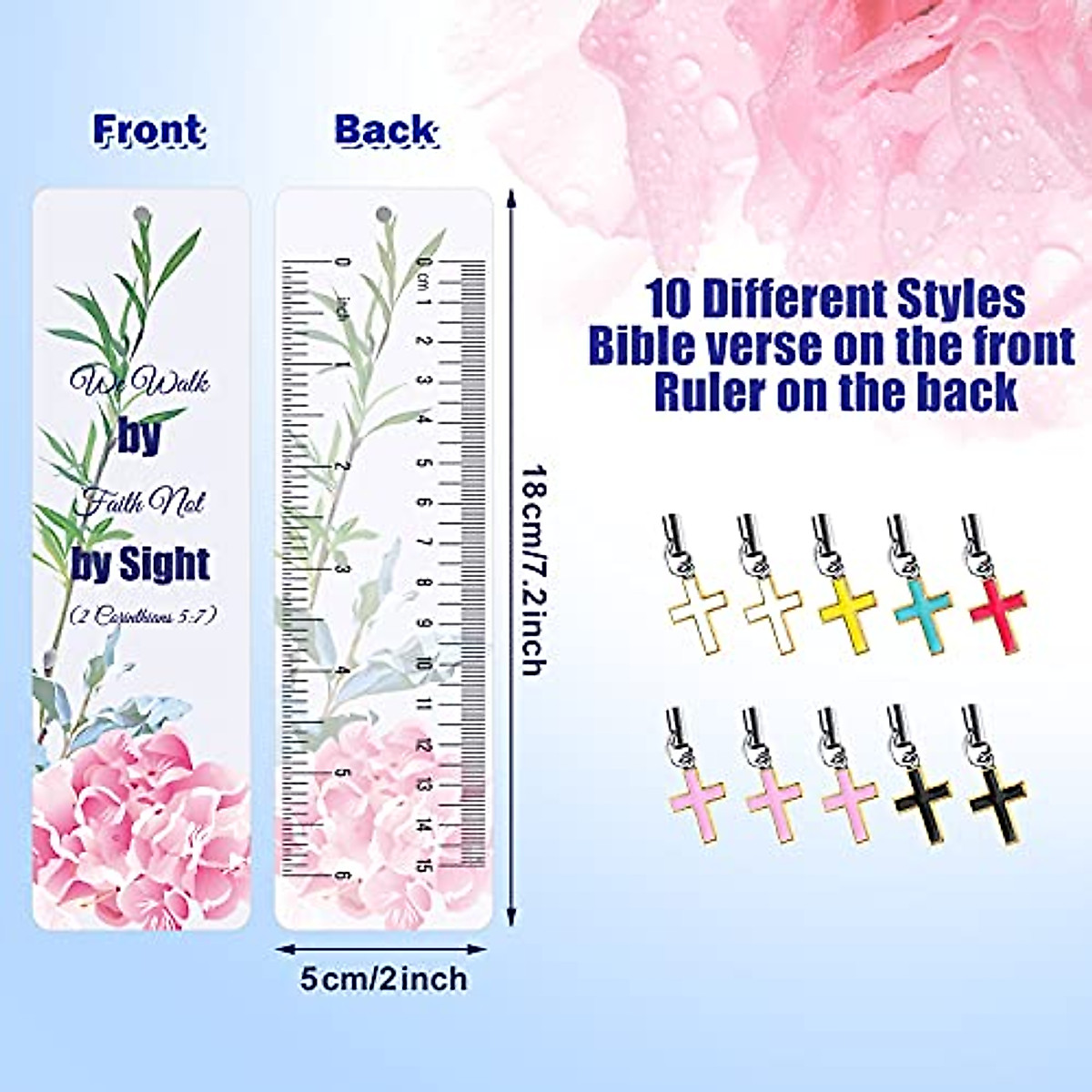 20 Pieces Bible Verses Inspirational Scripture Bookmark Motivational Positive Page Marker with Cross Pendants for Church Supplies, Schools and Ministries (Flower Style)