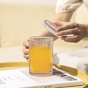 Lysenn Pink Glass Coffee Mug - Classic Vertical Stripes Tea Mug - Elegant Coffee Cup with Glass Lid for Latte, Espresso - Lovely Gift for Christmas, Anniversary and Birthday - 11 oz