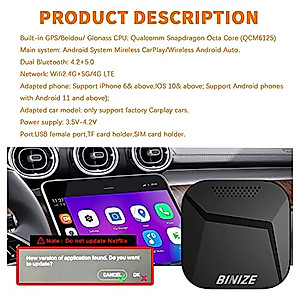 Binize Android 12 Multimedia Video Box Support Wireless Carplay&Android Auto, Carplay AI Box Carplay Streaming Support YouTube,Netflix
