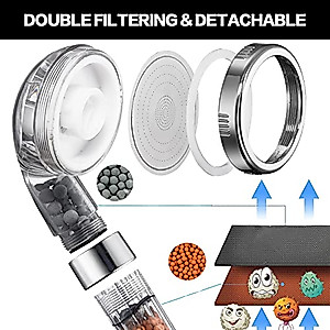 AmasSmile® High Pressure Shower Head with Hose and Bracket, Ionic Filter Filtration Turbo Vortex Water Saving 3 Mode Function Spray Turbocharged Hydro Jet Handheld Showerheads for Dry Skin & Hair（Red）