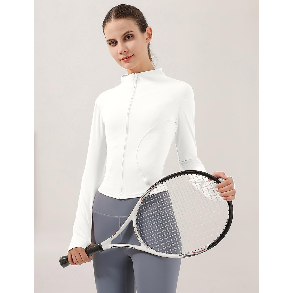 Gacaky Women's Slim Fit Lightweight Athletic Full Zip Stretchy Workout Running Track Jacket with Thumb Holes White M