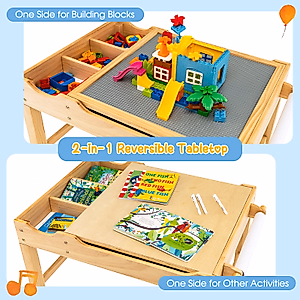 Costzon Kids Table, 3 in 1 Wood Building Block Desk w/Storage, Paper Roll, Reversible Tabletop for Toddler Arts, Crafts, Drawing, Reading, Playing, Gift for Boys Girls, Activity Table (Natural)