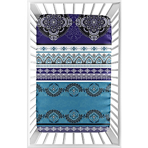 Sweet Jojo Designs Purple Boho Chic Girl Fitted Mini Crib Sheet Baby Nursery for Portable Crib or Pack and Play - Teal Turquoise Blue Plum Black and White Bohemian Colorful Mandala Vintage Patterned