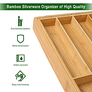 BIGTREE Bamboo Cutlery Expandable Drawer Organizer, Silverware Tray Organizer, Recessed Dividers, Wooden Drawer Divider Organizer, Adjustable Size to 15.35 x 14.17 x 1.97 Inches for Kitchen Utensils.