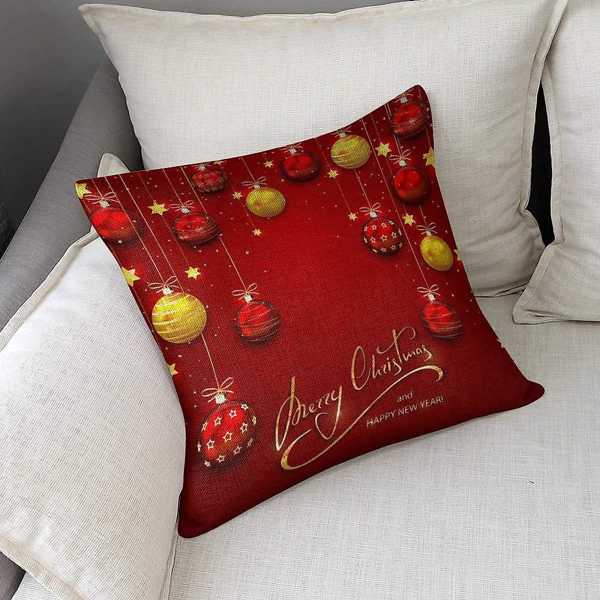 Xmas Ball Baubles Quote Throw Pillow Covers 18×18 Pillowcases Set of 2 Merry Christmas Linen Decorative Square Pillow Case Cushion Covers Standard Size for Sofa Couch Outdoor Bed Pillow Protectors