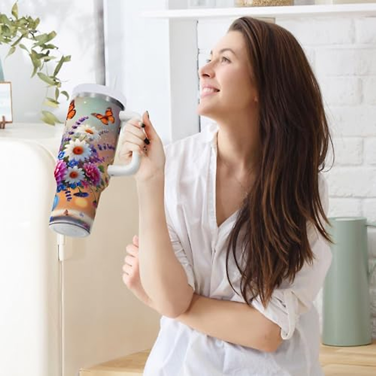 RPLIFE Floral with Butterflies Coffee Tumbler, Stainless Water Bottle, Insulated Cup with Straw, Coffee Tumbler for Women